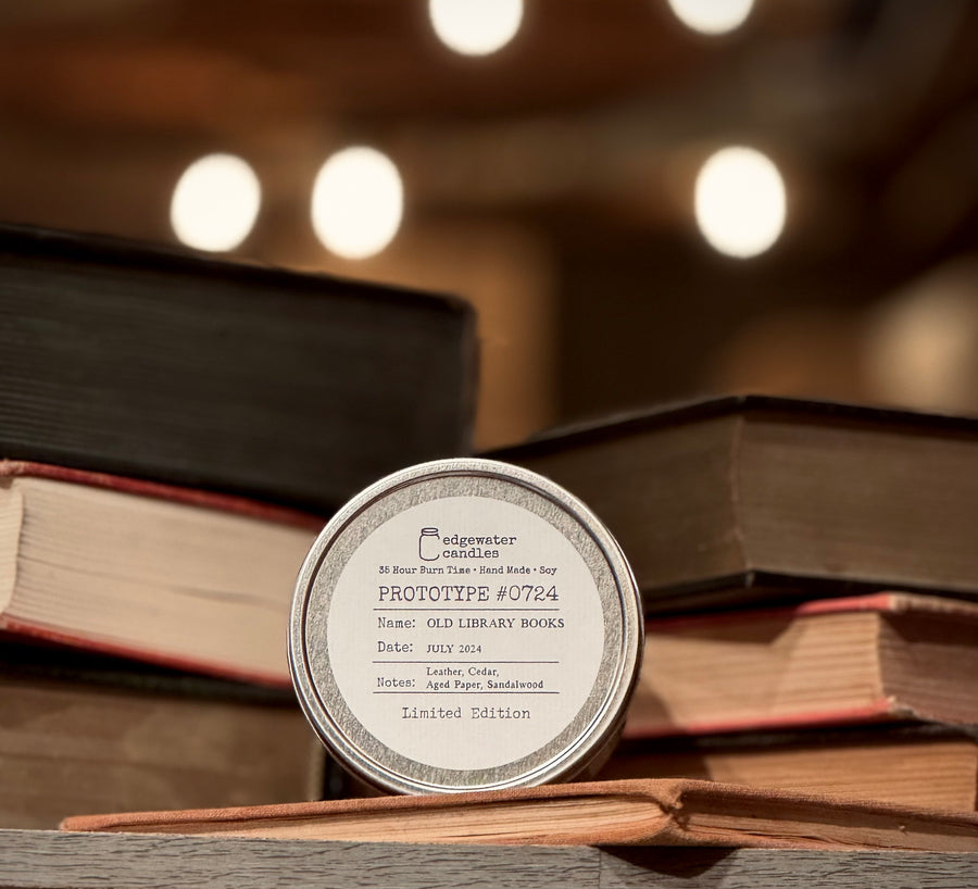 July Prototype: Old Library Books – edgewater candles